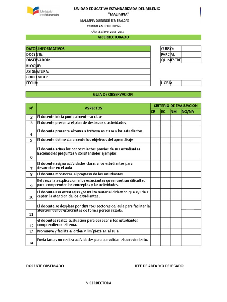 ficha de observación.xlsx | Evaluación | Salón de clases