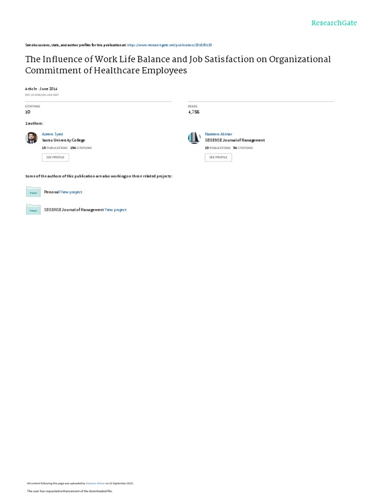 The in Uence of Work Life Balance and Job Satisfaction On ...