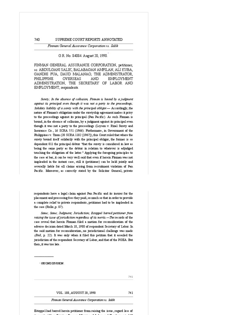 Finman General Assurance Corporation vs. Salik | PDF | Surety Bond ... Finman General Assurance Corporation vs. Salik | PDF | Surety Bond ...