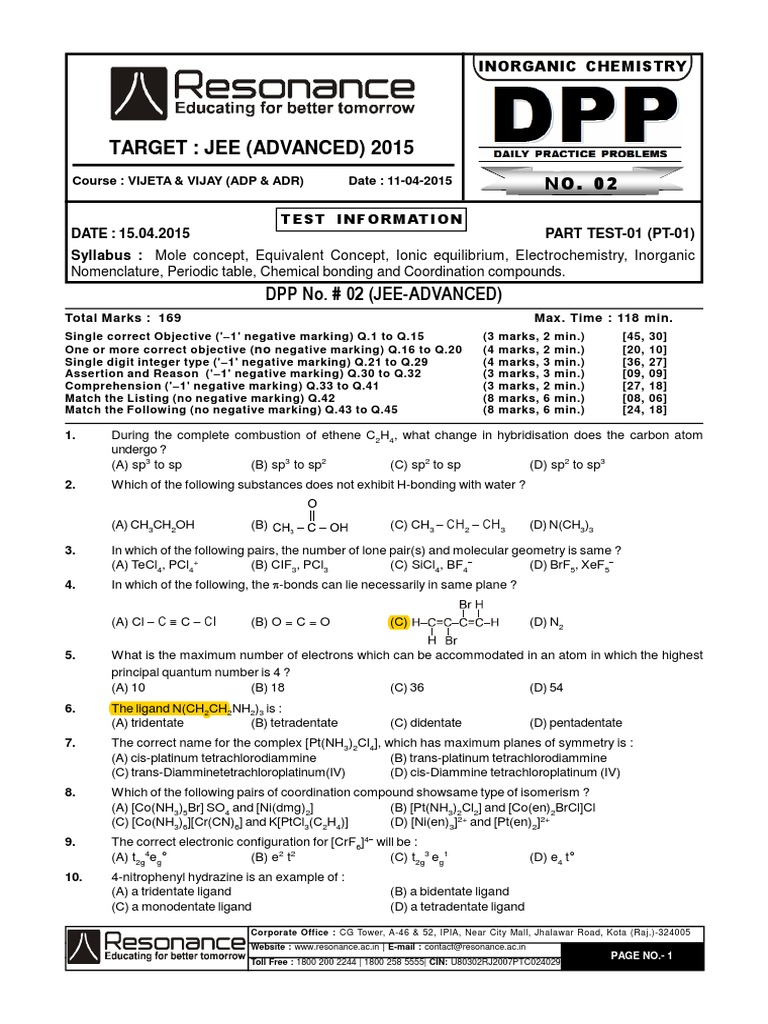 Chemistry DPP | PDF | Coordination Complex | Covalent Bond