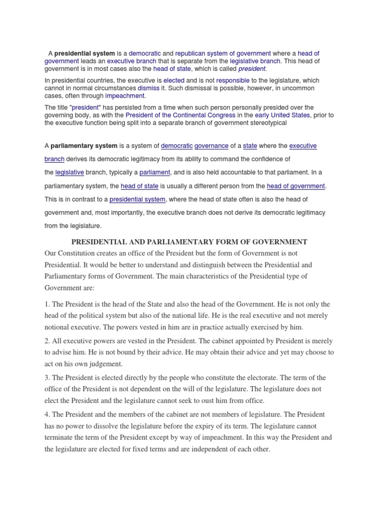 Presidential and Parliamentary Form of Government: President | Download ...
