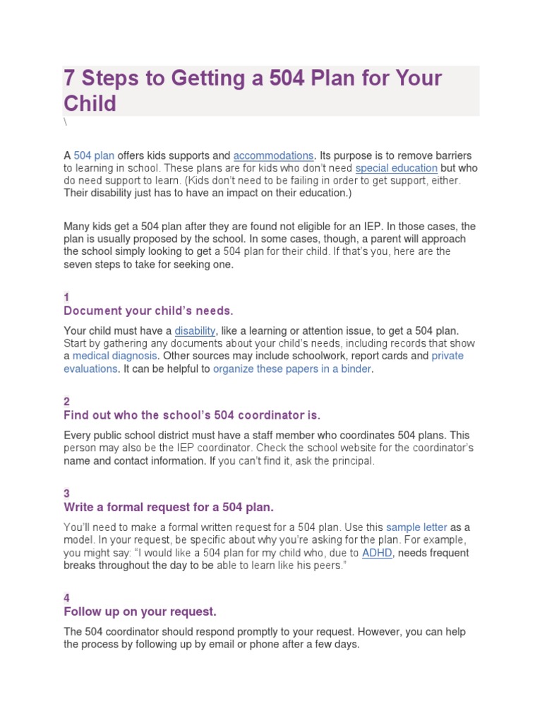 504 Plan For Your Child | PDF | Section 504 Of The Rehabilitation Act ...