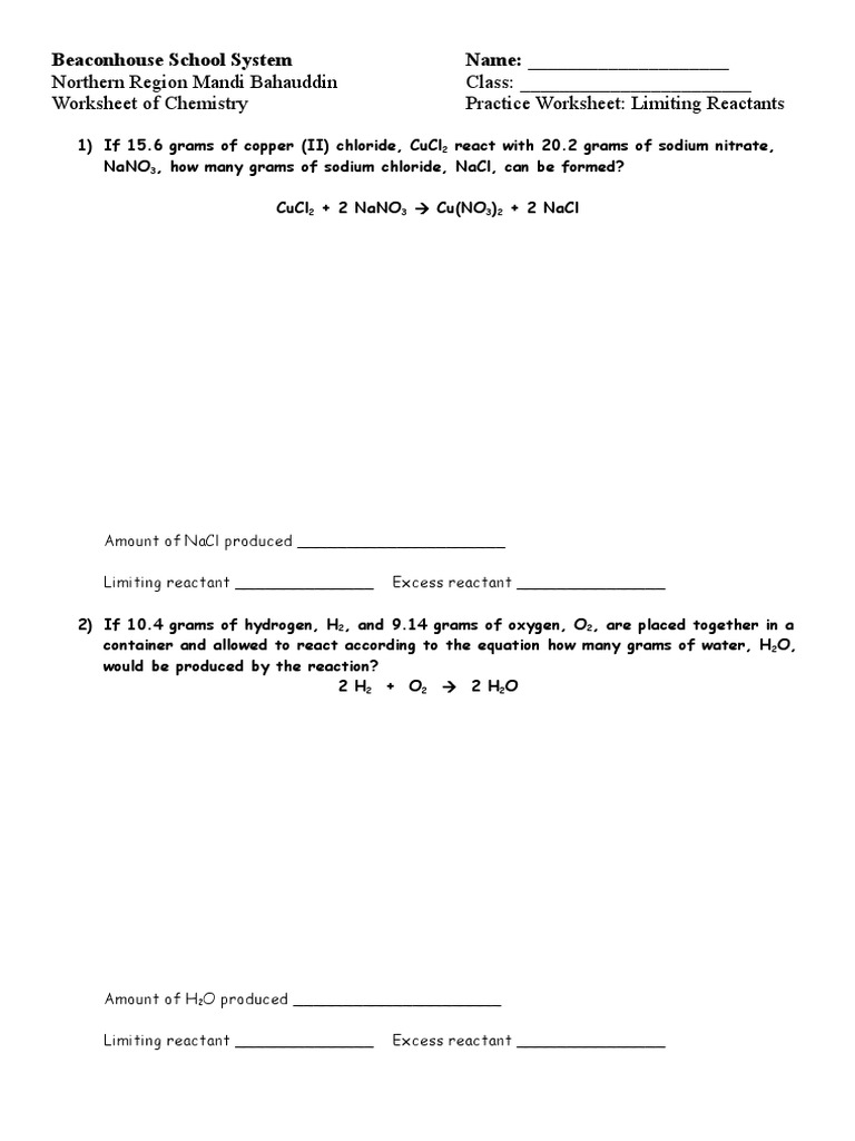 Limiting Reactant Worksheet 2 | PDF