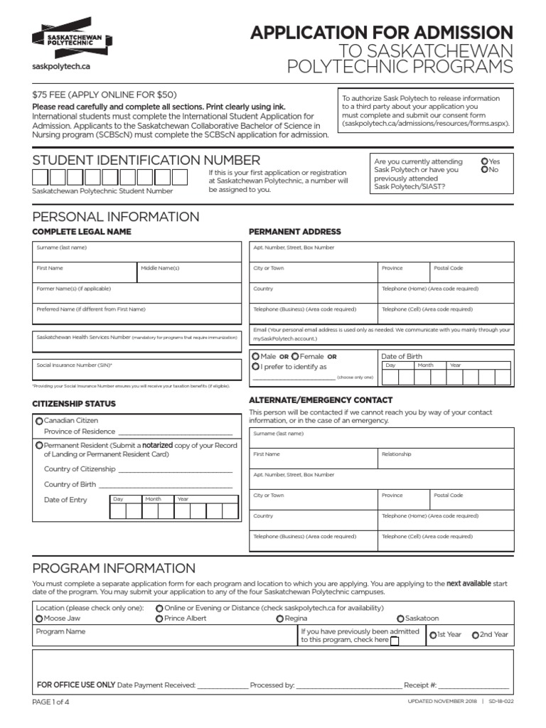 Application For Admission To Saskatchewan Polytechnic Programs Form ...
