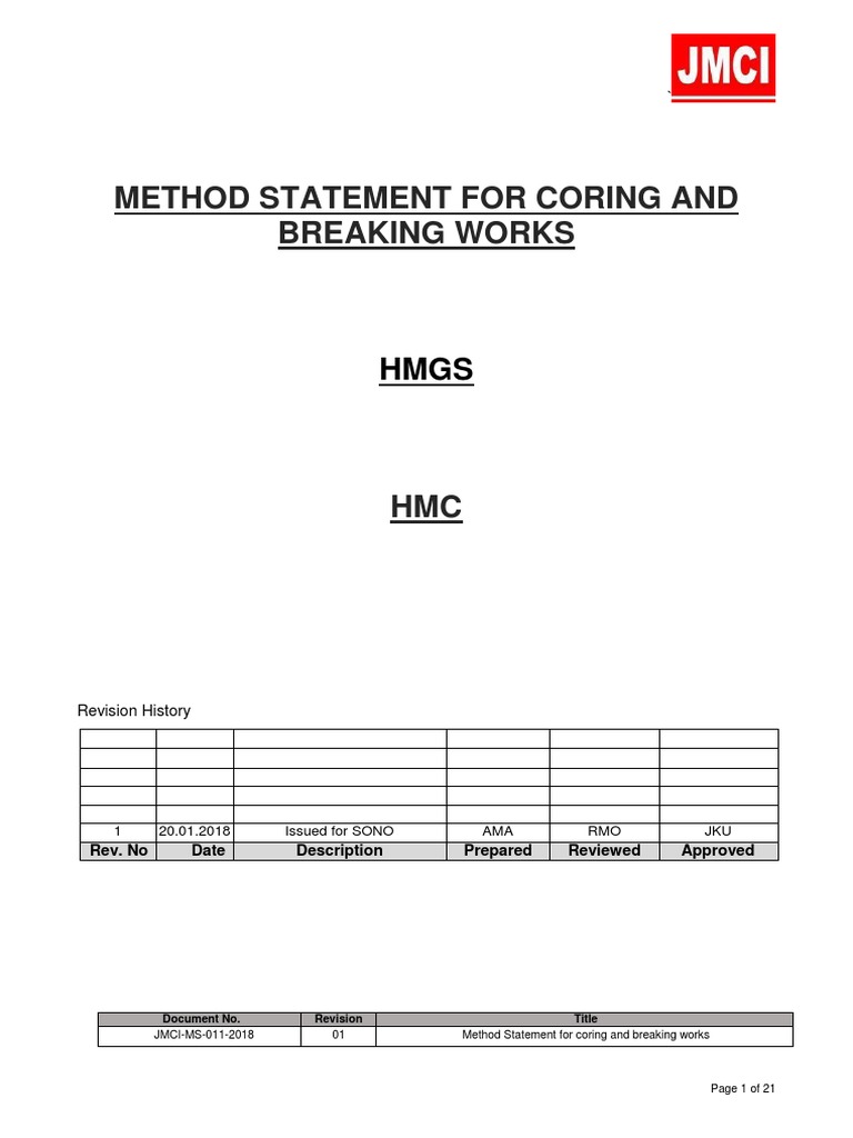Method Statement For Coring and Breaking Works: Rev. No Date ...