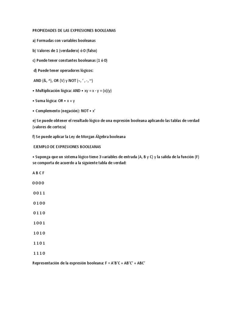 Propiedades de Las Expresiones Booleanas | PDF | Álgebra de Boole | Enseñanza de matemática