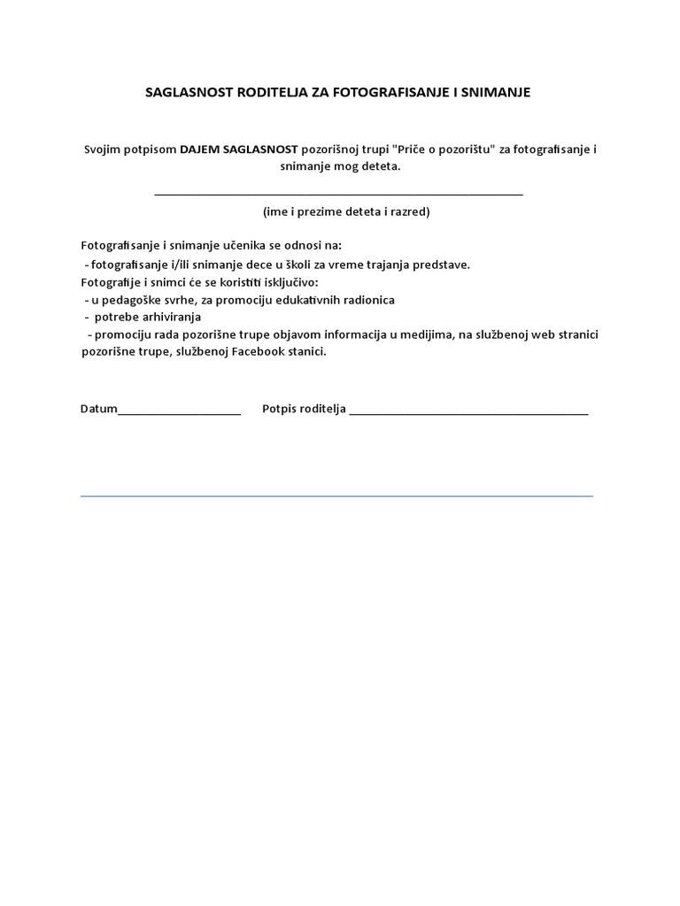 Obrazac - Saglasnost Roditelja Za Fotografisanje I Snimanje | PDF