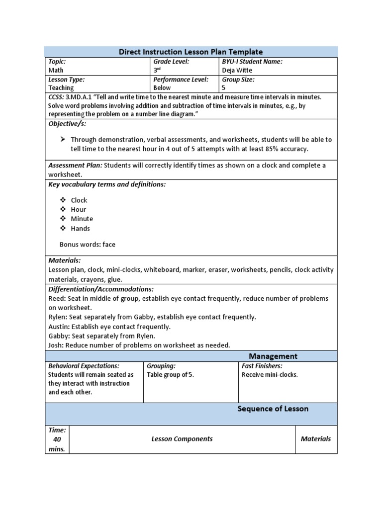 Direct Instruction Lesson Plan Template: Objective/s | PDF | Clock | Time