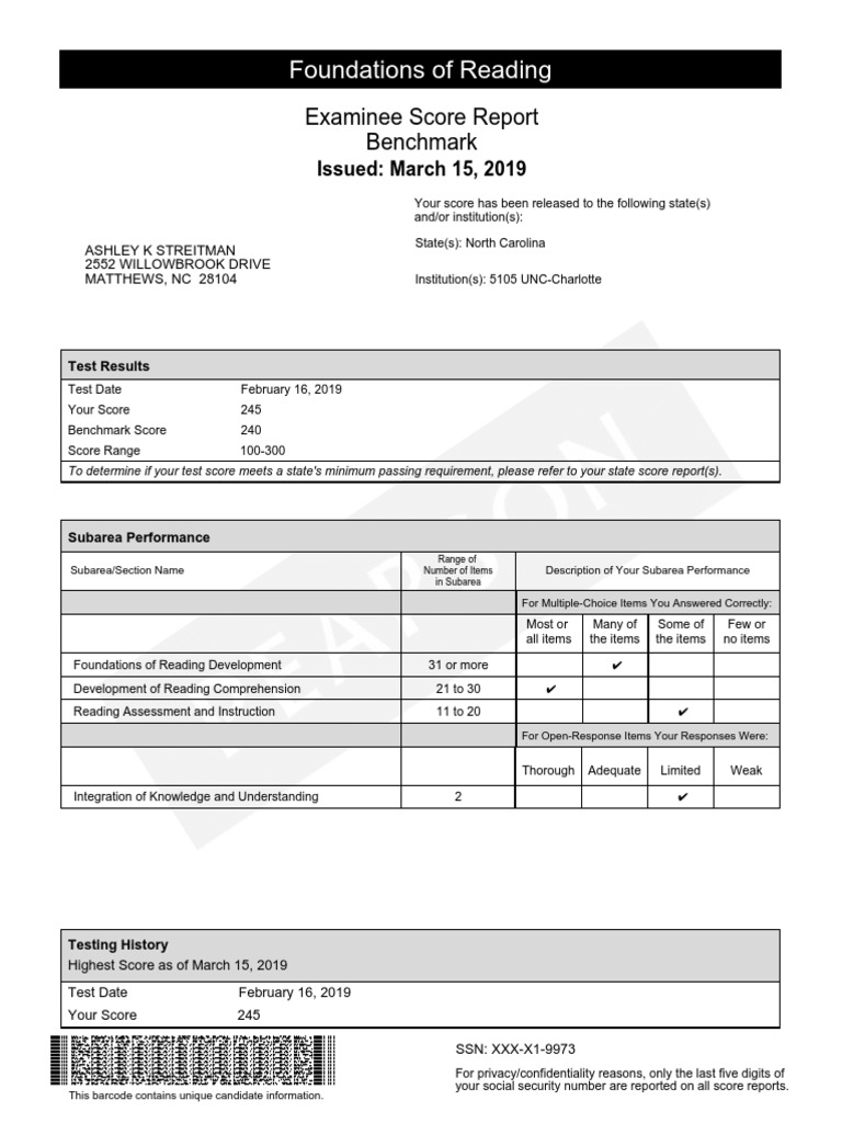 Foundations of Reading: Examinee Score Report Benchmark | PDF | Multiple Choice | Social ...