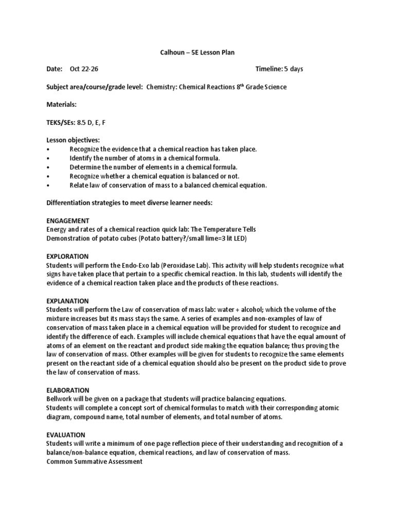 5E Chemical Reaction Lesson Plan 2 1 | PDF | Science & Mathematics