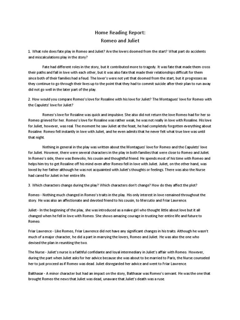 Home Reading Report - Romeo and Juliet | PDF | Characters In Romeo And ...