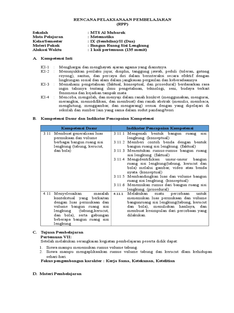RPP Volume Bangun Ruang Sisi Lengkung Kurikulum K13 | PDF