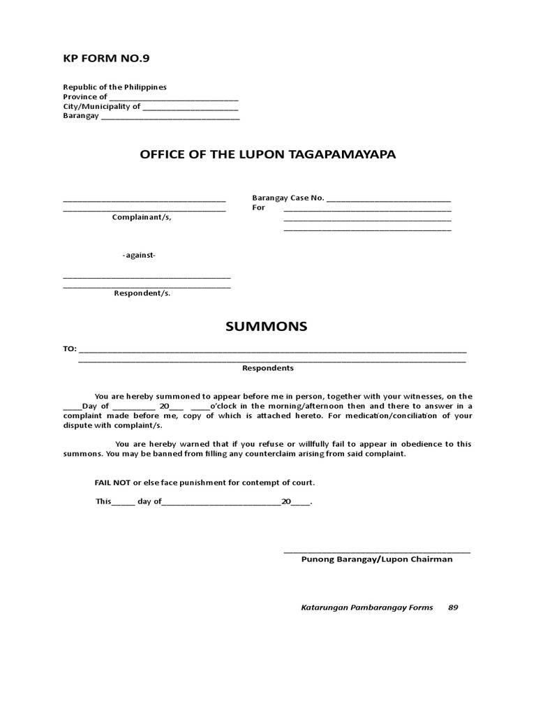Summons: Office of The Lupon Tagapamayapa | PDF