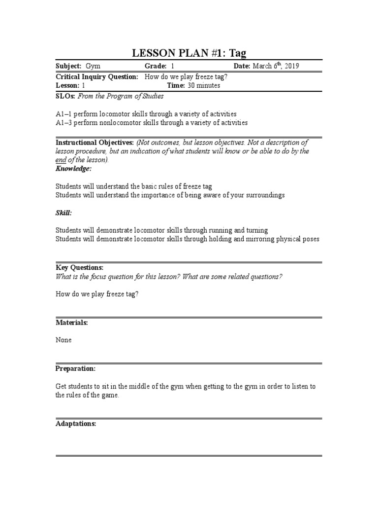Grade 1 Pe Lesson Tag 1 | PDF | Psychological Concepts | Pedagogy