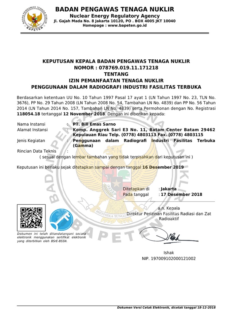 BAPETEN (NEA) License PT. BES | PDF