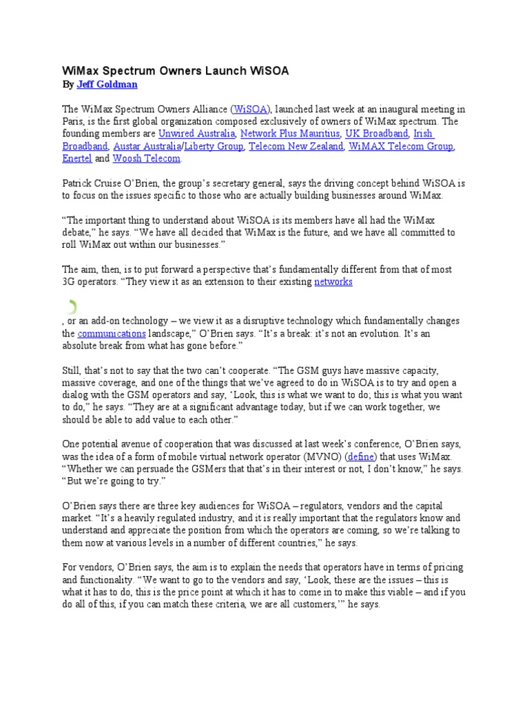 WiMax Spectrum Owners Launch WiSOA | PDF | Mobile Technology | Wi Max