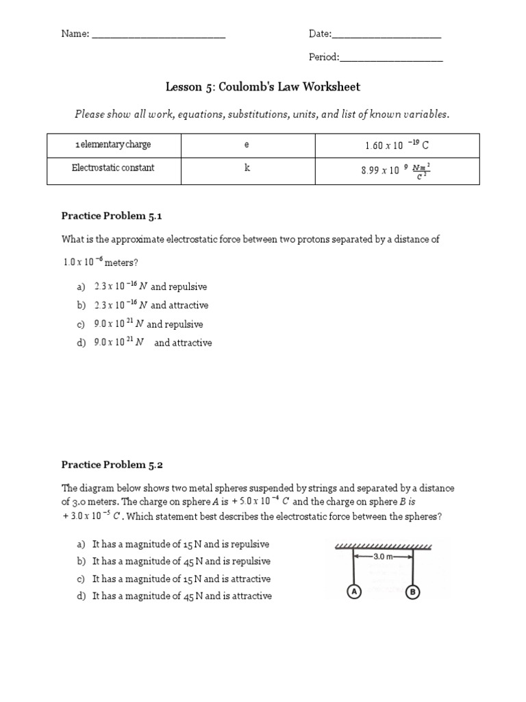 Lesson 5 - Coulomb's Law Worksheet | PDF | Science & Mathematics
