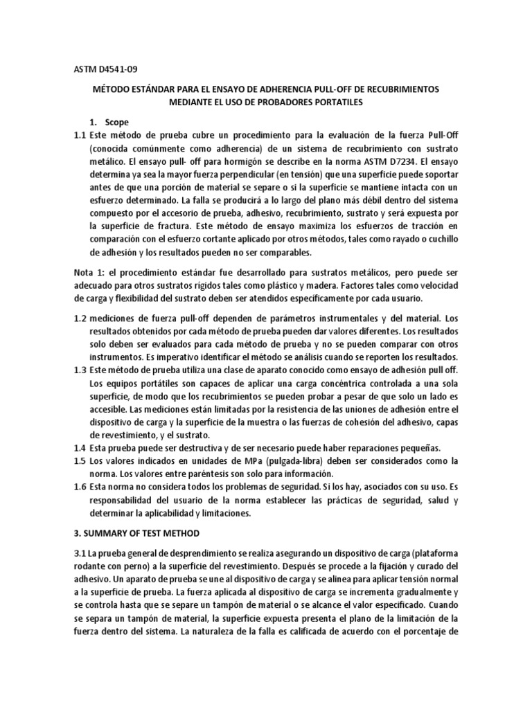 Astm d4541 METODO ESTANDAR PARA EL ENSAYO DE ADHERENCIA PULL OFF DE ...