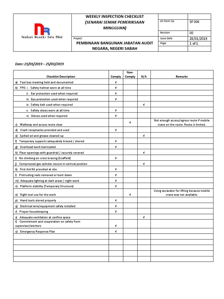 Weekly Inspection Checklist: (Senarai Semak Pemeriksaan Mingguan) | PDF ...