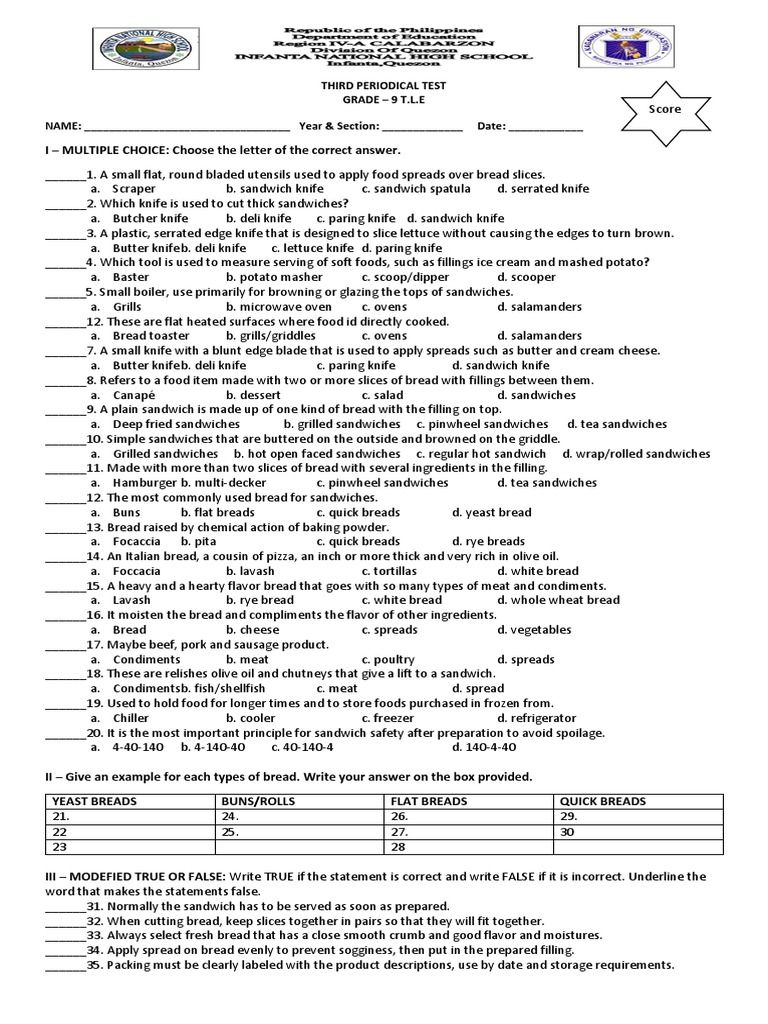 THIRD PERIODICAL TEST With TOS | PDF | Sandwich | Breads
