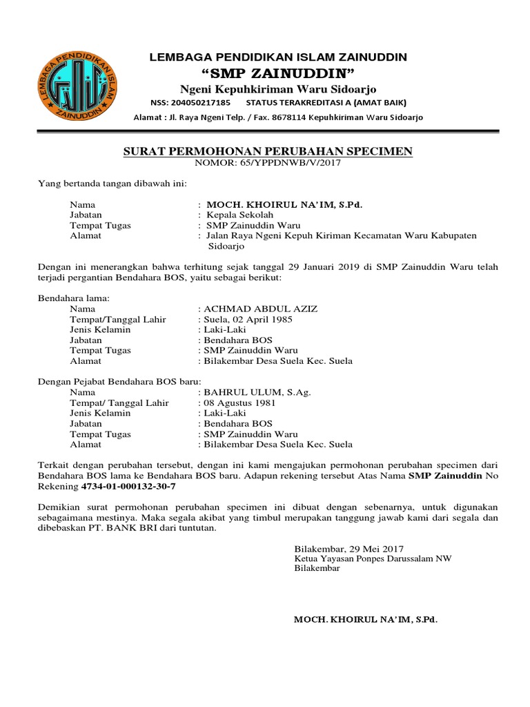 Surat Permohonan Perubahan Specimen Bank | PDF