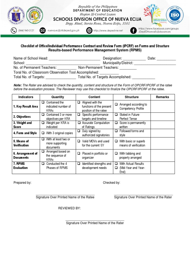 Checklist of Office/Individual Performance Contract and Review Form ...