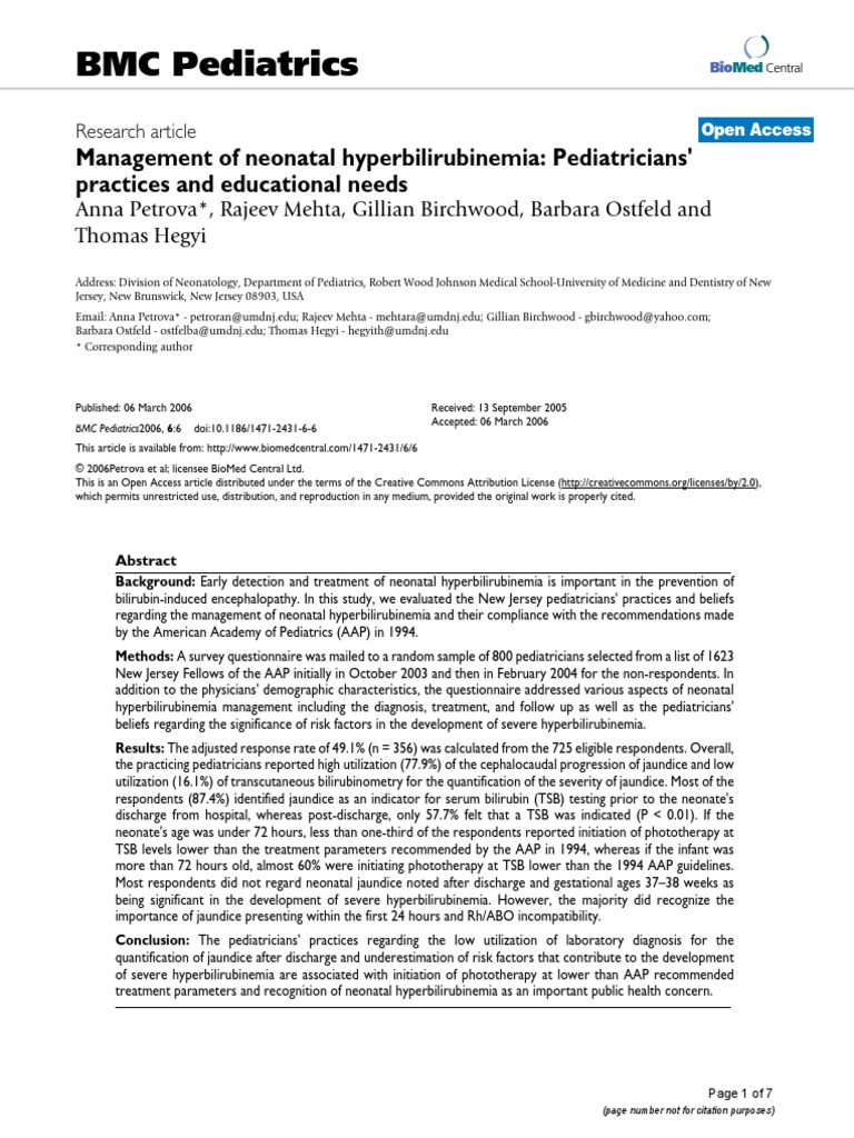 BMC Pediatrics: Management of Neonatal Hyperbilirubinemia ...