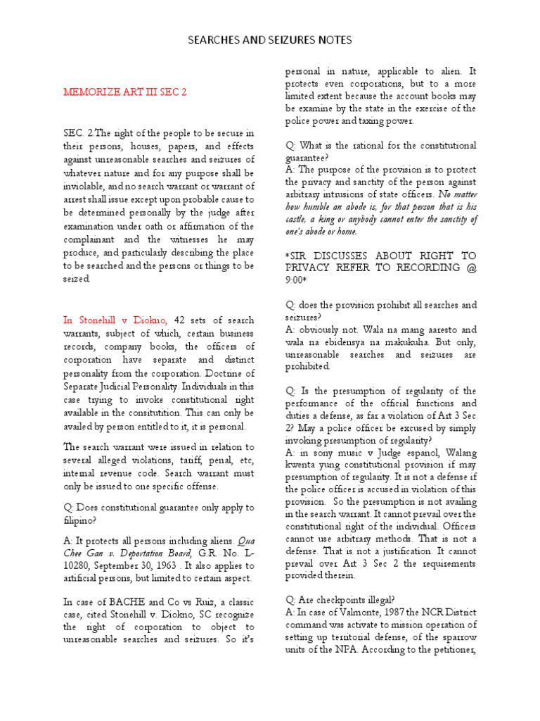 Searches and Seizures Case Notes | Download Free PDF | Search And ...