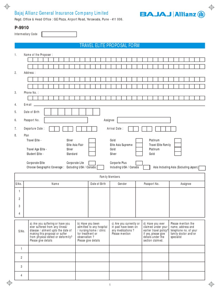 Bajaj Allianz General Insurance Company Limited: Travel Elite Proposal Form | PDF | Cheque ...