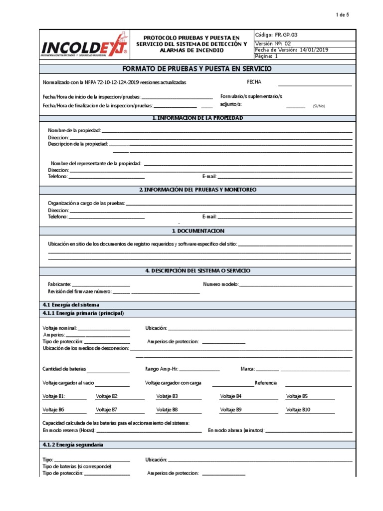 Formato para Prueba y Puesta en Marcha Sist. Deteccion y Alarma de Incendio PDF | PDF ...