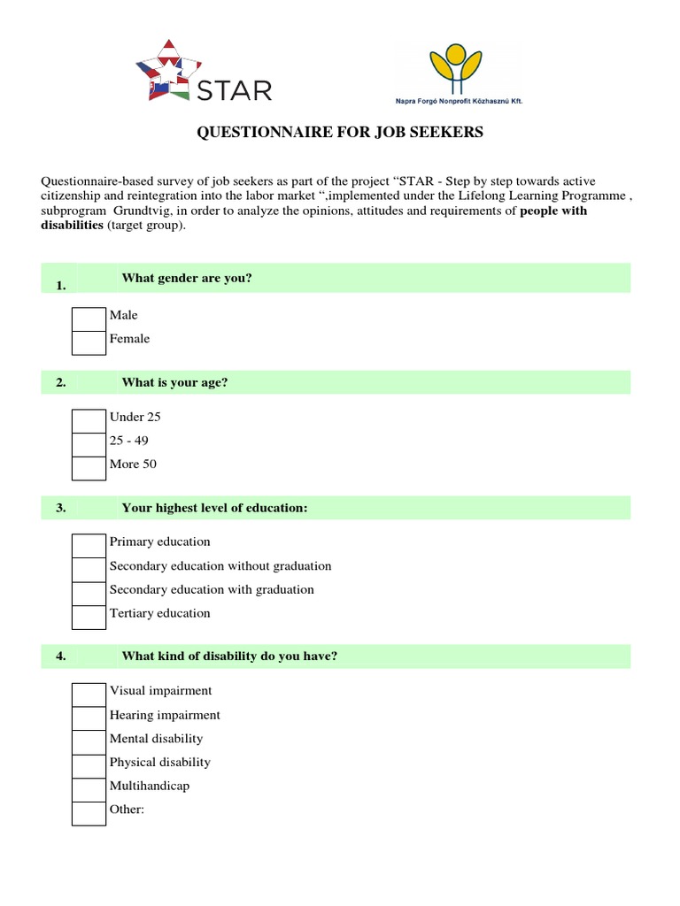 Questionnaire For Job Seekers Final Version | PDF | Disability | Employment