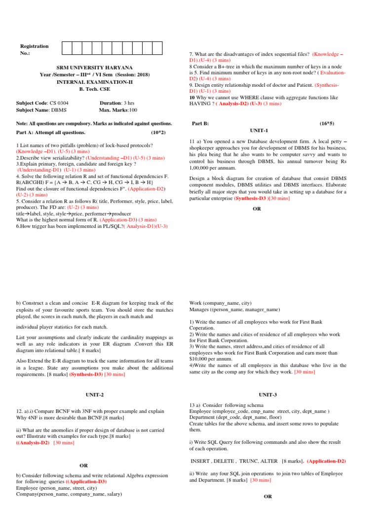 B.Tech CSE DBMS Exam Paper | PDF | Databases | Data