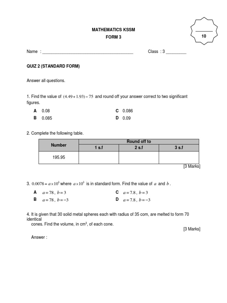 Standard Form Quiz for Form 3 | PDF