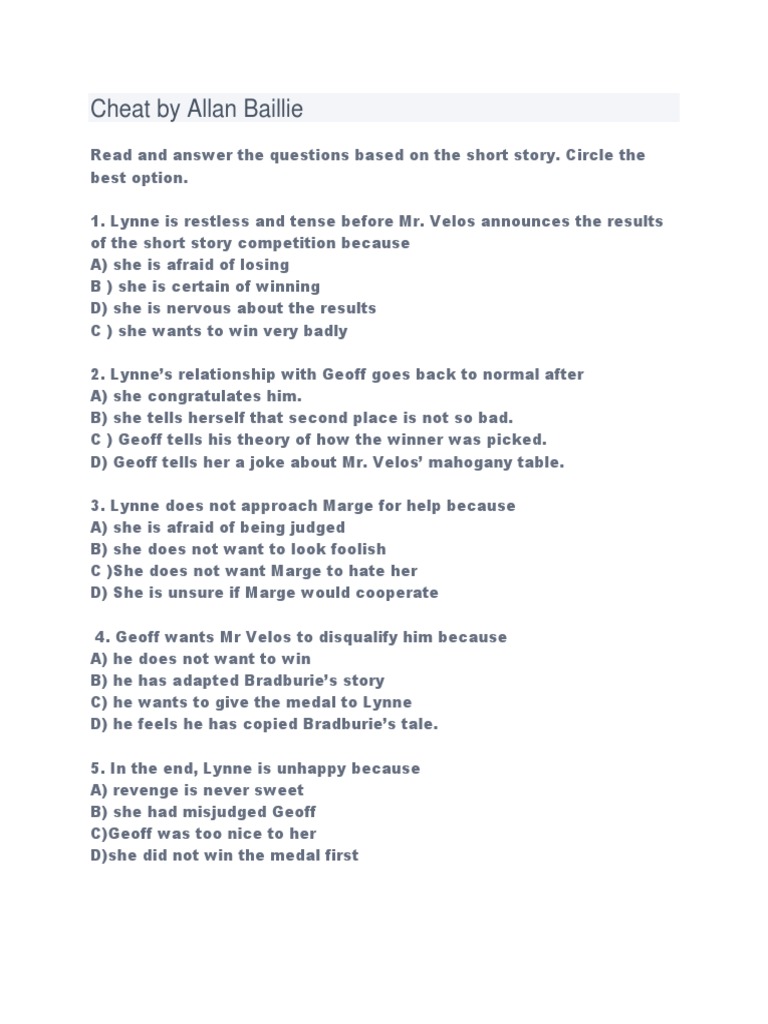 Cheat Worksheet for Allan Baillie's Story | PDF