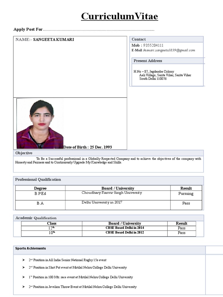 Sangeeta Resume | PDF | Delhi | Sports