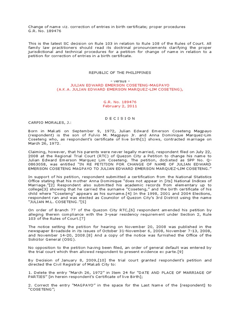 Correction of Entry Rule 108 | PDF | Birth Certificate | Legitimacy ...