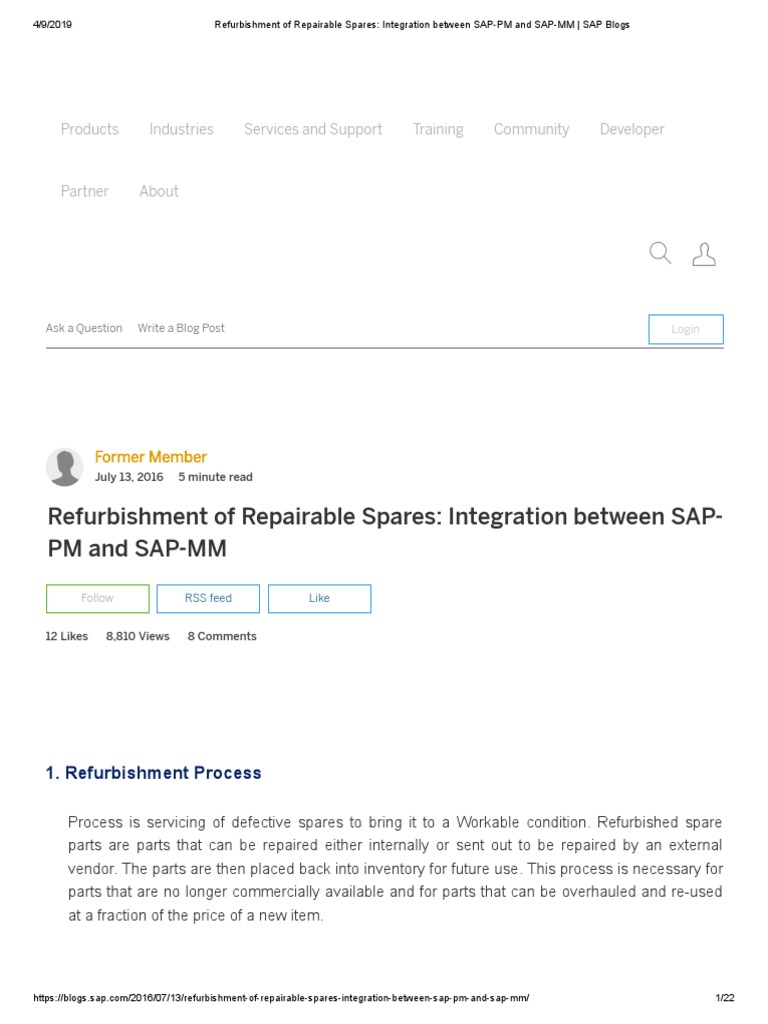 Refurbishment of Repairable Spares - Integration Between SAP-PM and SAP-MM PDF | PDF | Business ...