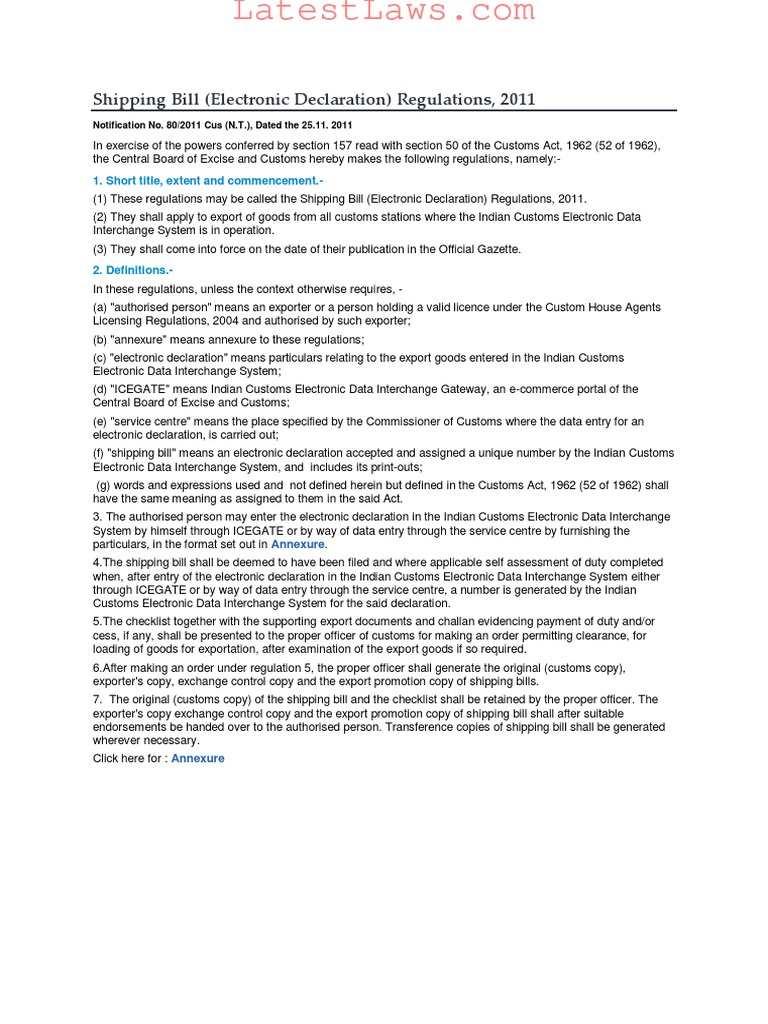 Shipping Bill (Electronic Declaration) Regulations, 2011 | PDF ...