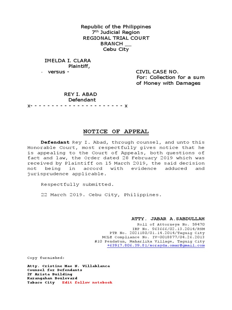 Notice of Appeal: Defendant Rey I. Abad, Through Counsel, and Unto This ...