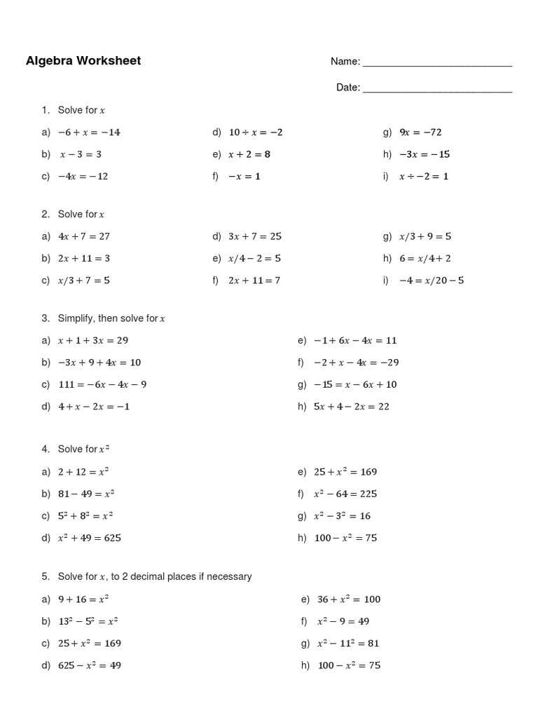 Algebra Worksheet: Name | PDF