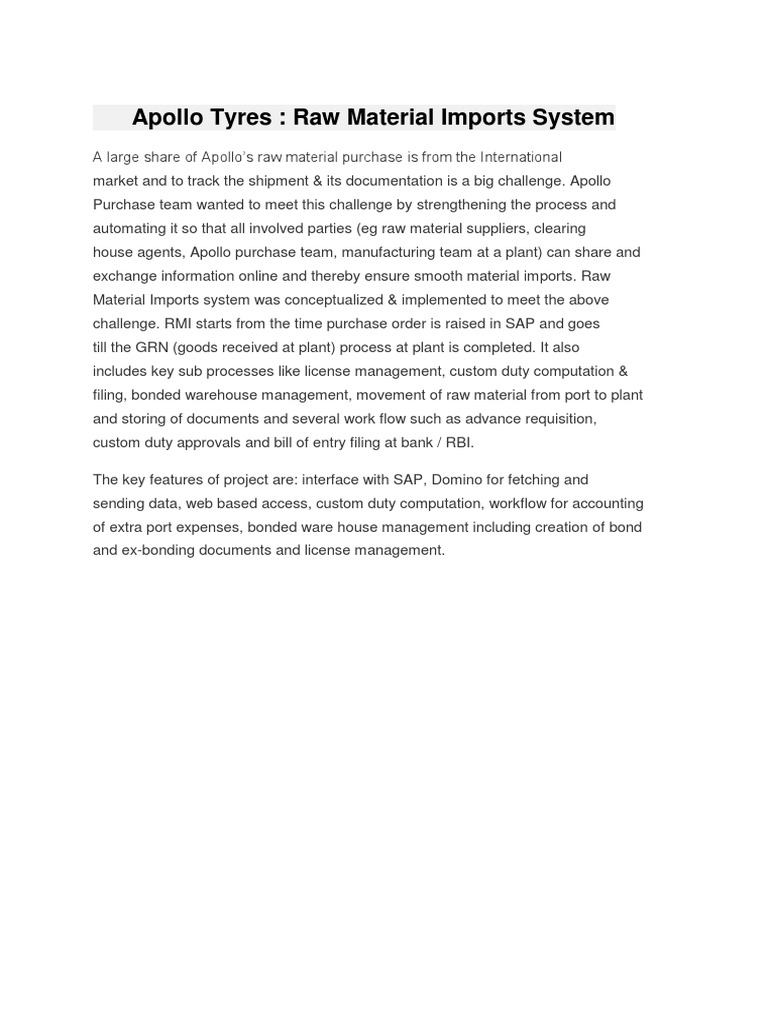 Apollo Tyres Raw Material Imports System | PDF