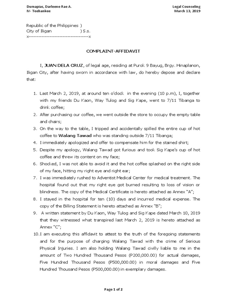 Complaint Affidavit - Physical Injuries | PDF | Affidavit | Legal Procedure