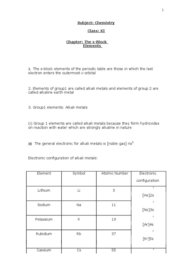11 Chemistry Notes - The S-Block Elements | PDF | Ion | Hydroxide