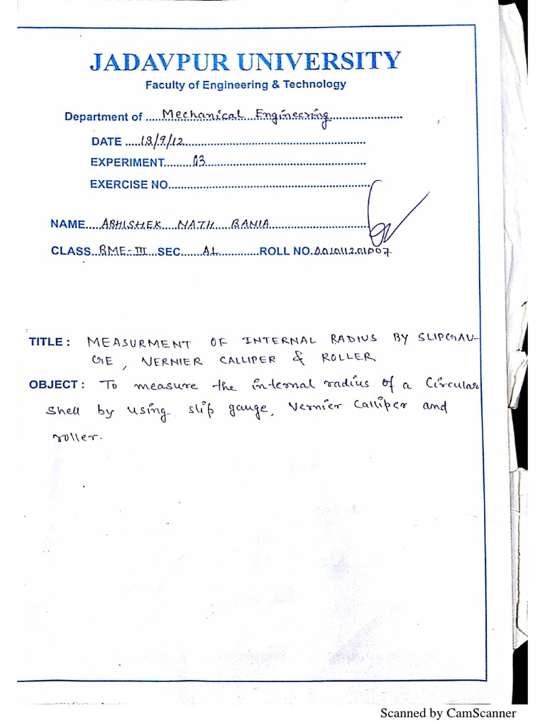 Measurement of Internal Radius by Slip Gauge, Vernier Calliper and ...