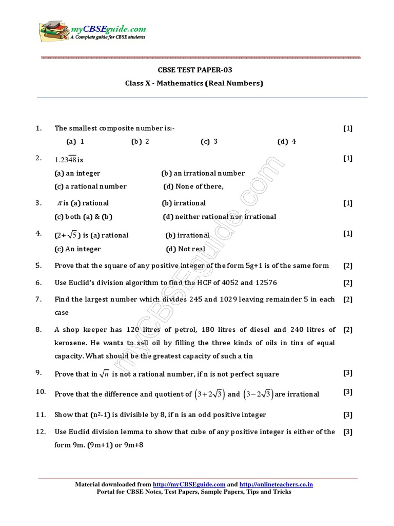 10 Mathematics Real Numbers Test 03 PDF | PDF