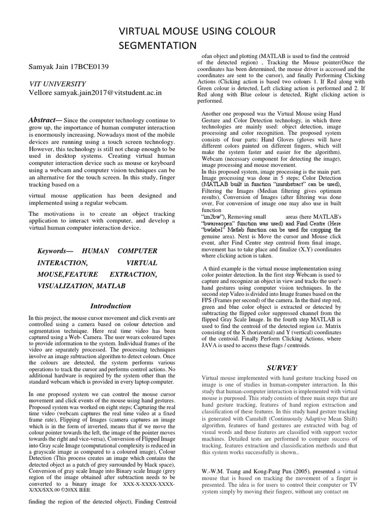 Virtual Mouse Using Colour Segmentation: Vit University | PDF | Virtual ...