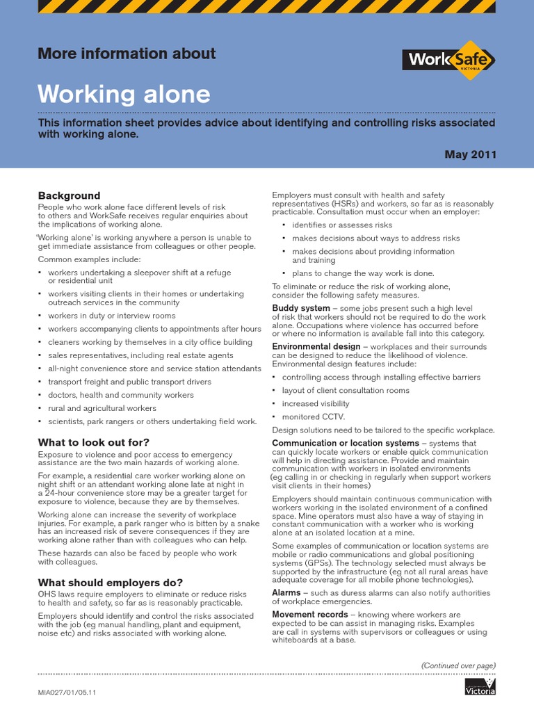 Working Alone | PDF | Occupational Safety And Health | Risk