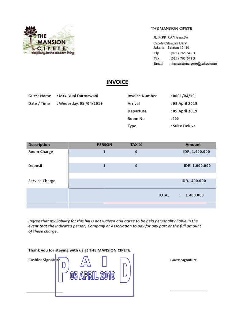 Hotel Invoice: Service Charge Details | PDF