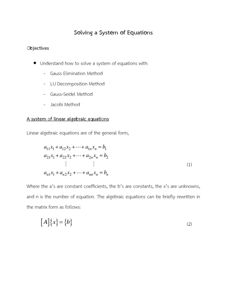 Solving A System of Equations: Objectives | PDF | Algorithms ...