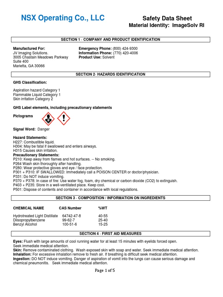 NSX Operating Co., LLC: Safety Data Sheet | PDF | Firefighting | Dangerous Goods